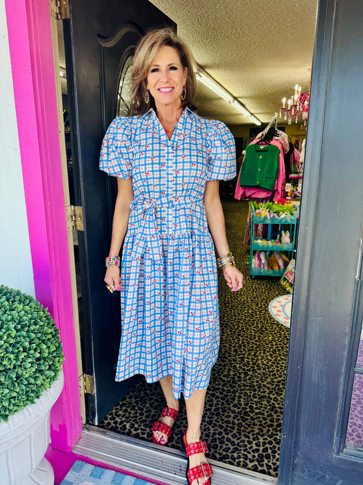 Blue Checker Cherry Midi Dress – Truly Trendy