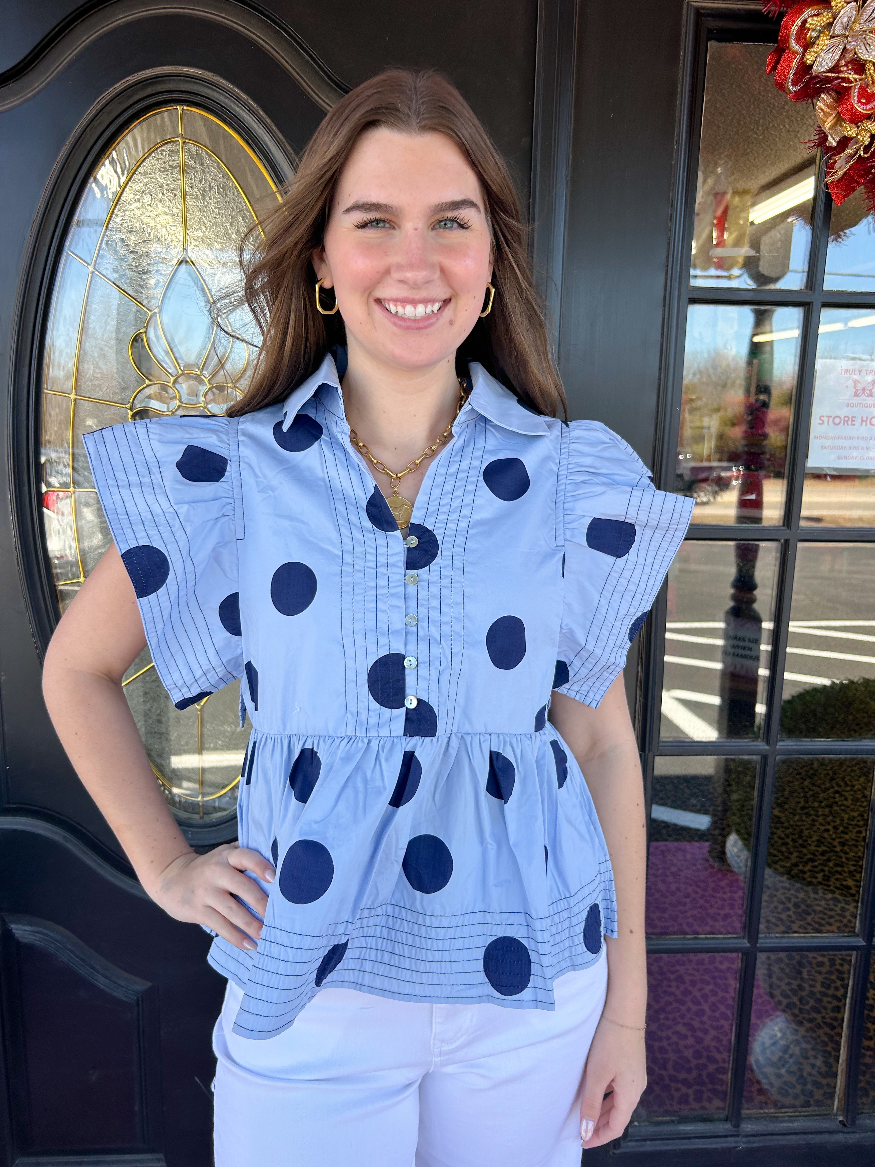 Blue Polka Dot Button Up Top – Truly Trendy